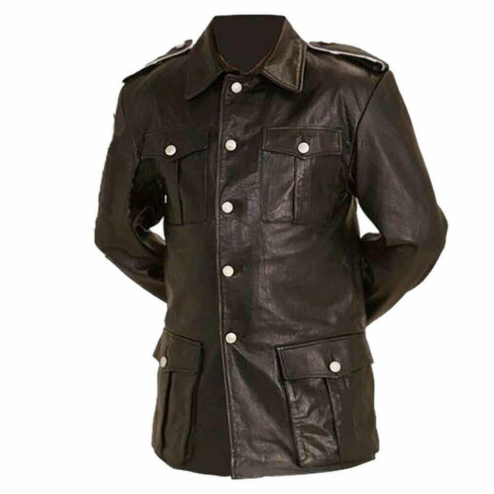 Men's German Military Style Panzer World War 2 Brown Leather Coat