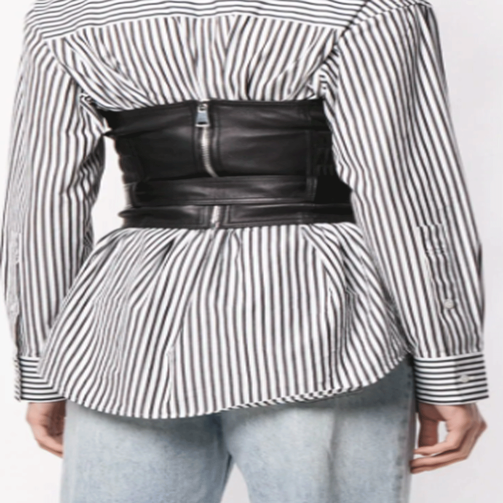 Women Genuine Leather Biker Corset Black Belted Slim Fit