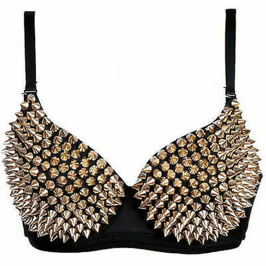 Women's Rock Style Dancing Leather Bra Gold Striking Metallic Rivets S ...